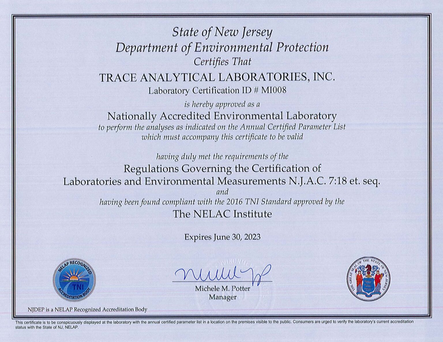 Certifications - Trace Analytical Laboratories, Inc.