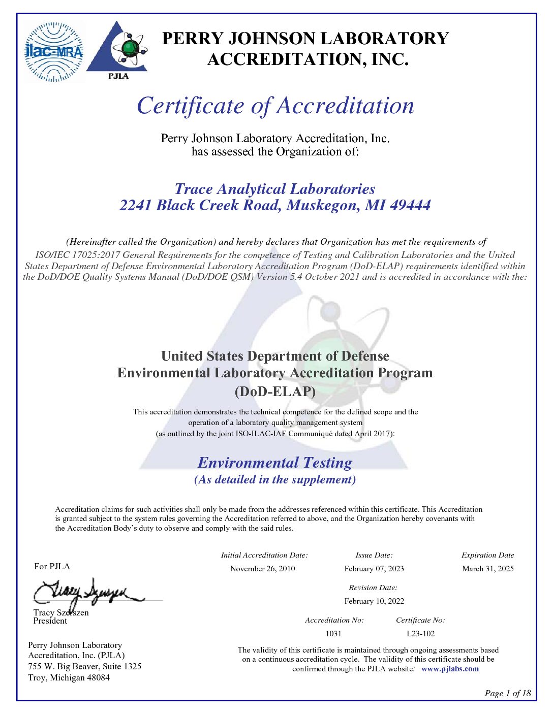 Certifications – Trace Analytical Laboratories, Inc